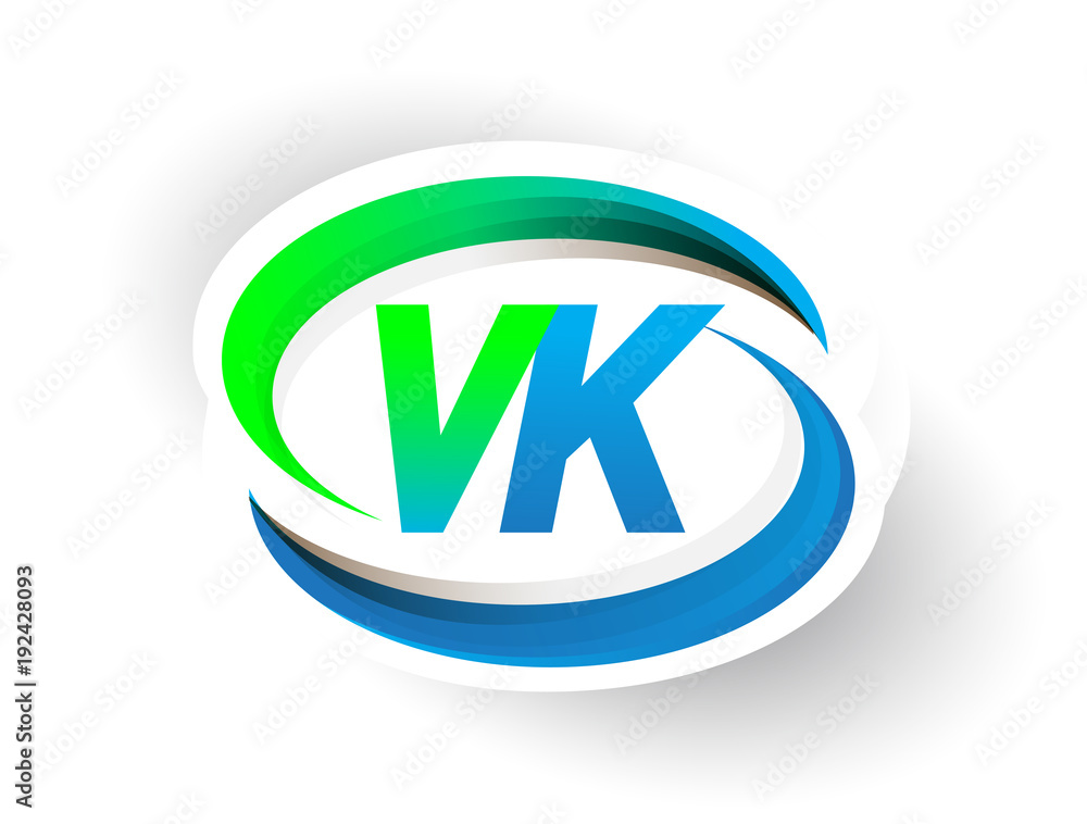 initial letter VK logotype company name colored blue and green swoosh ...