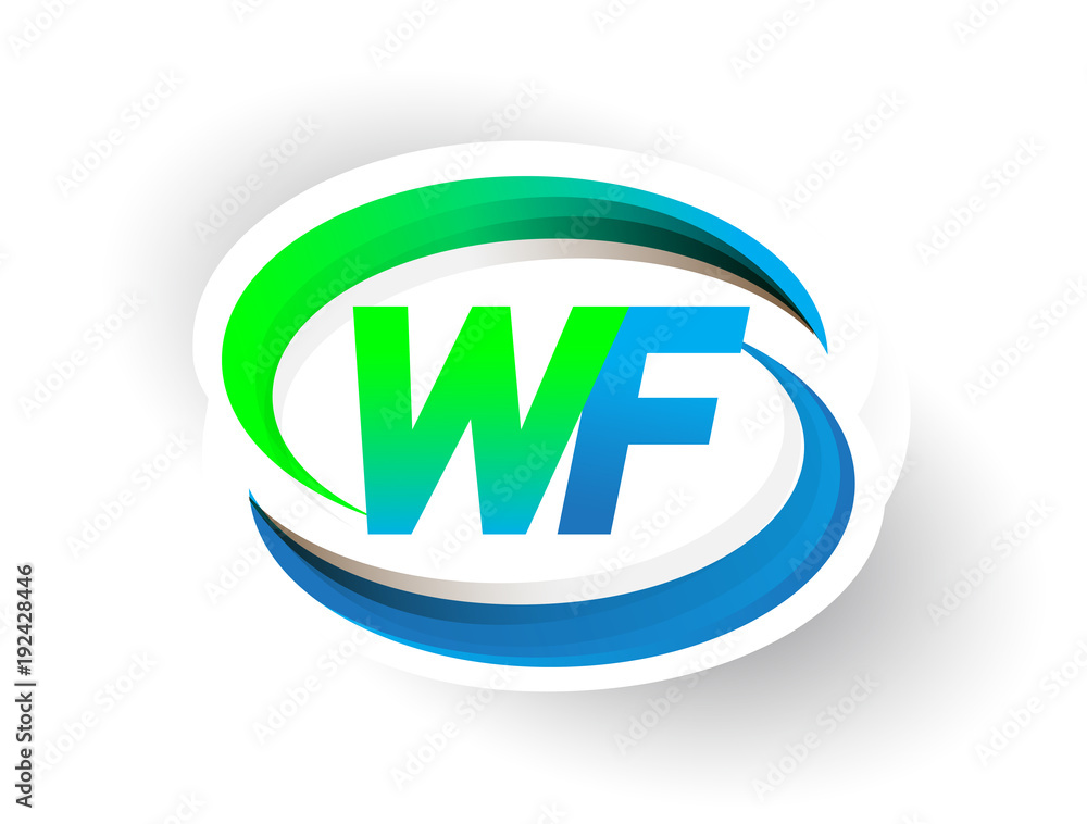 initial letter WF logotype company name colored blue and green swoosh ...