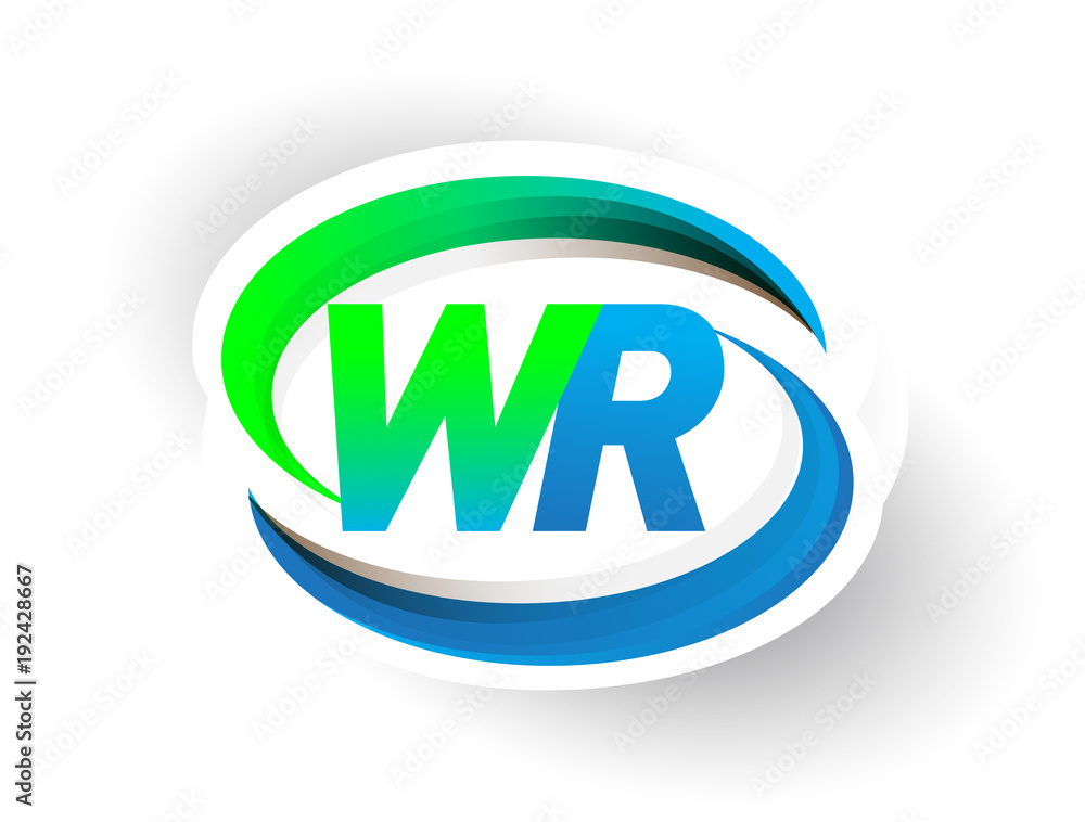 initial letter WR logotype company name colored blue and green swoosh ...