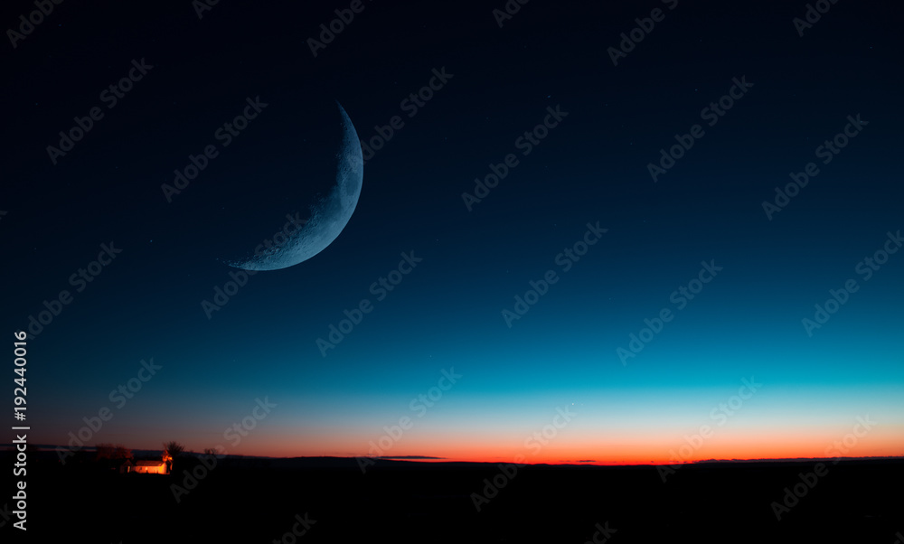 The late sunset. Great young moon and stars in the sky. Stock Photo ...
