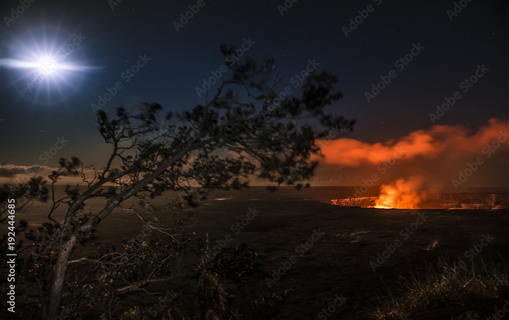 Full moon illuminates the Halemauamau crater on Hawaii's Big Island ...