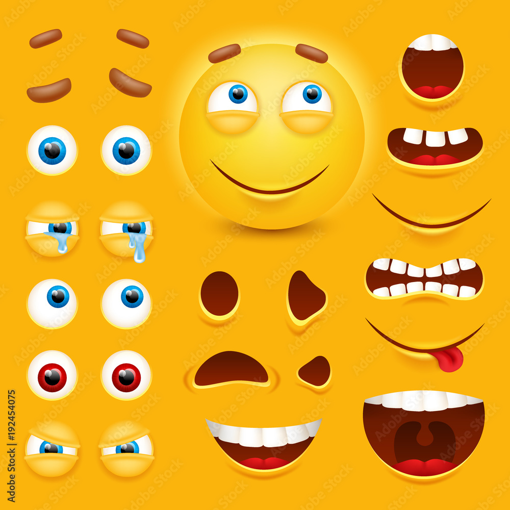 Cartoon yellow 3d smiley face vector character creation constructor ...