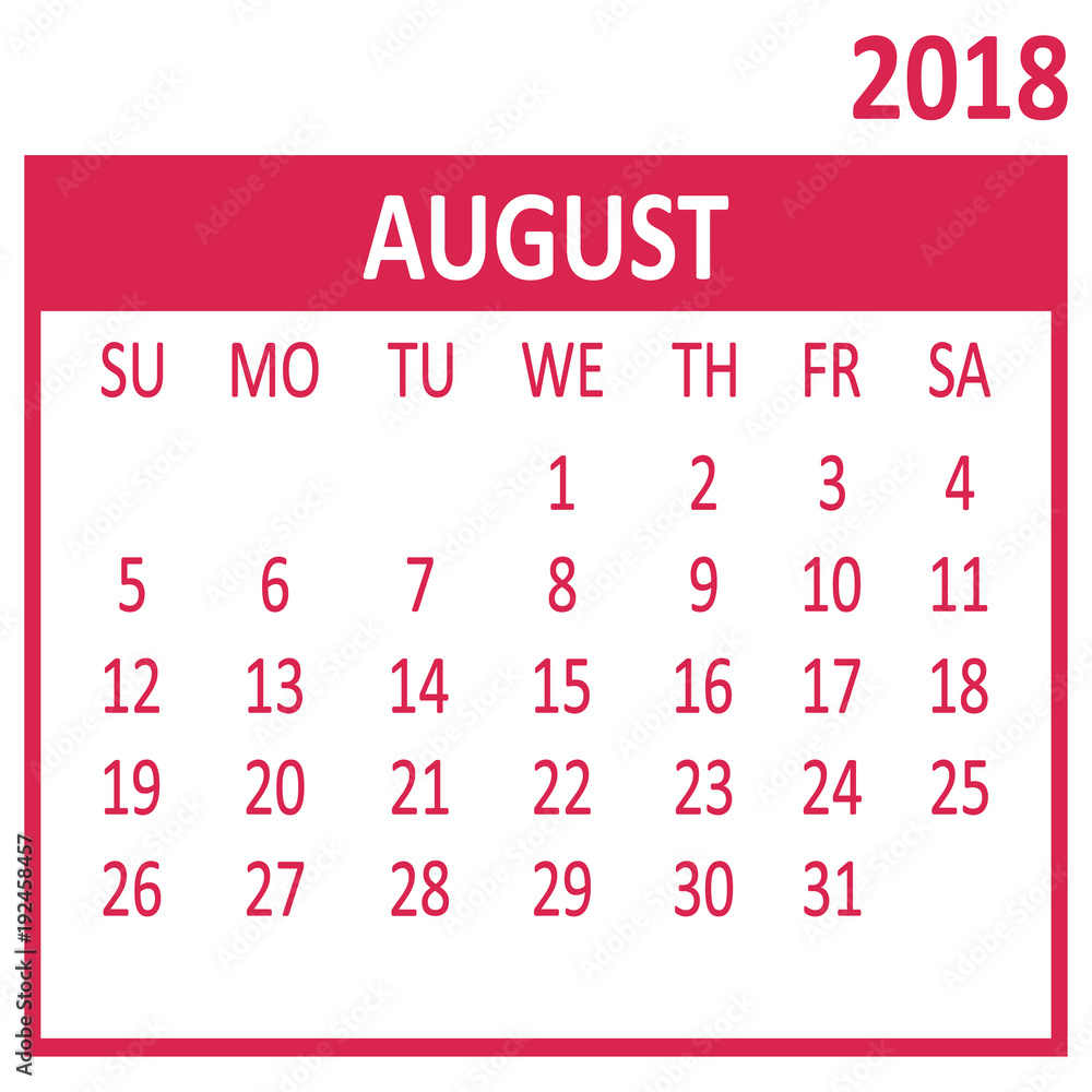 August. Eighth page of set. Calendar 2018, template. Week starts from ...