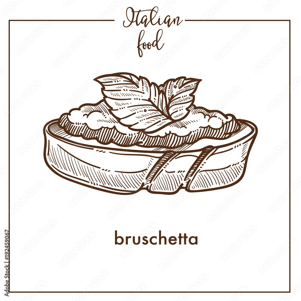 Bruschetta snack sketch vector icon for Italian cuisine food menu ...