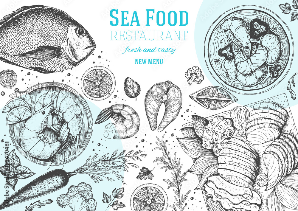 Vintage seafood frame vector illustration. Hand drawn with ink. Cooked ...