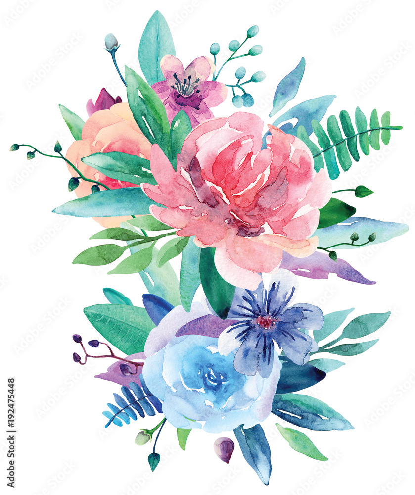 Watercolor floral bouquet clip art. Pink and blue flowers illustration ...