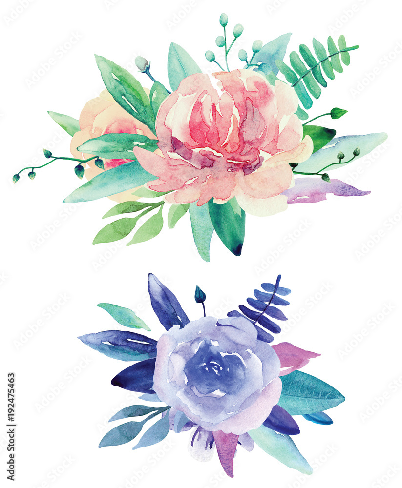 Watercolor floral bouquets clip art. Pink and purple flowers clipart ...