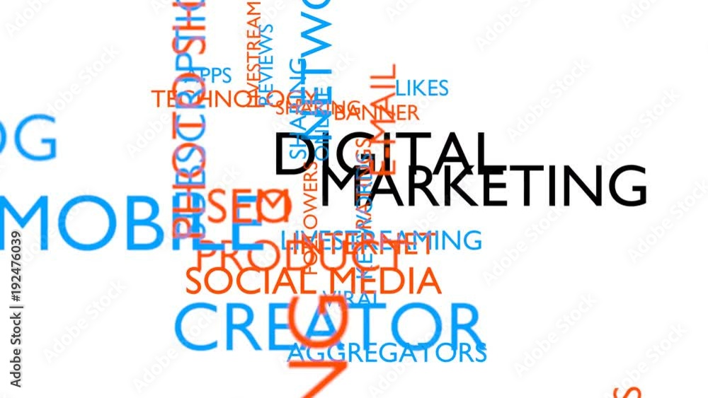 Digital marketing word tag cloud. 3D rendering, loop able, white ...