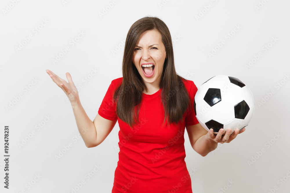 Beautiful European young crazy angry screaming woman, football fan or ...