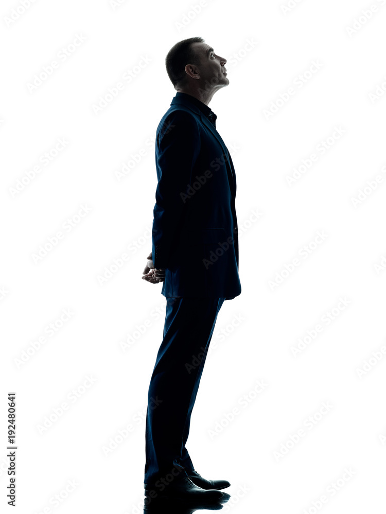one caucasian business man standing profile silhouette isolated on ...