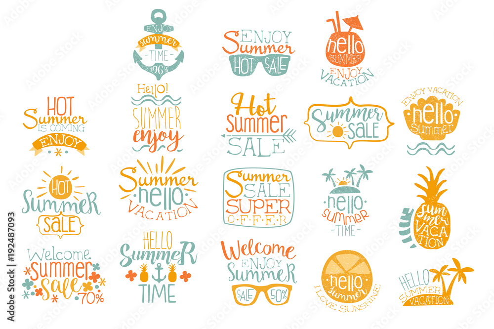 Hand drawn elements for summer calligraphic logo design. Beach vacation ...
