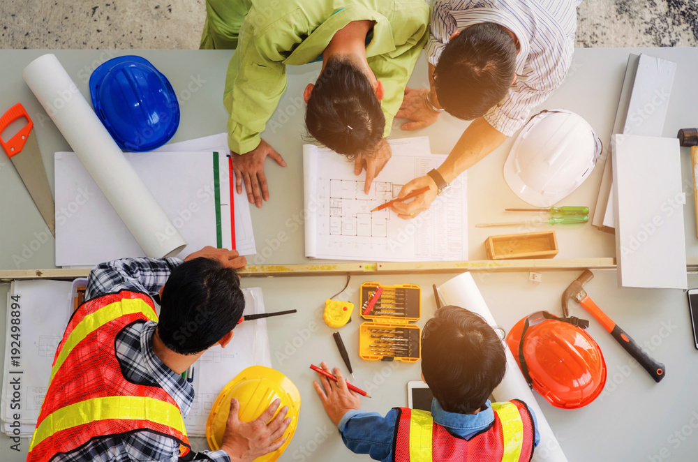 top view of group of engineer, technician and architect planning about ...