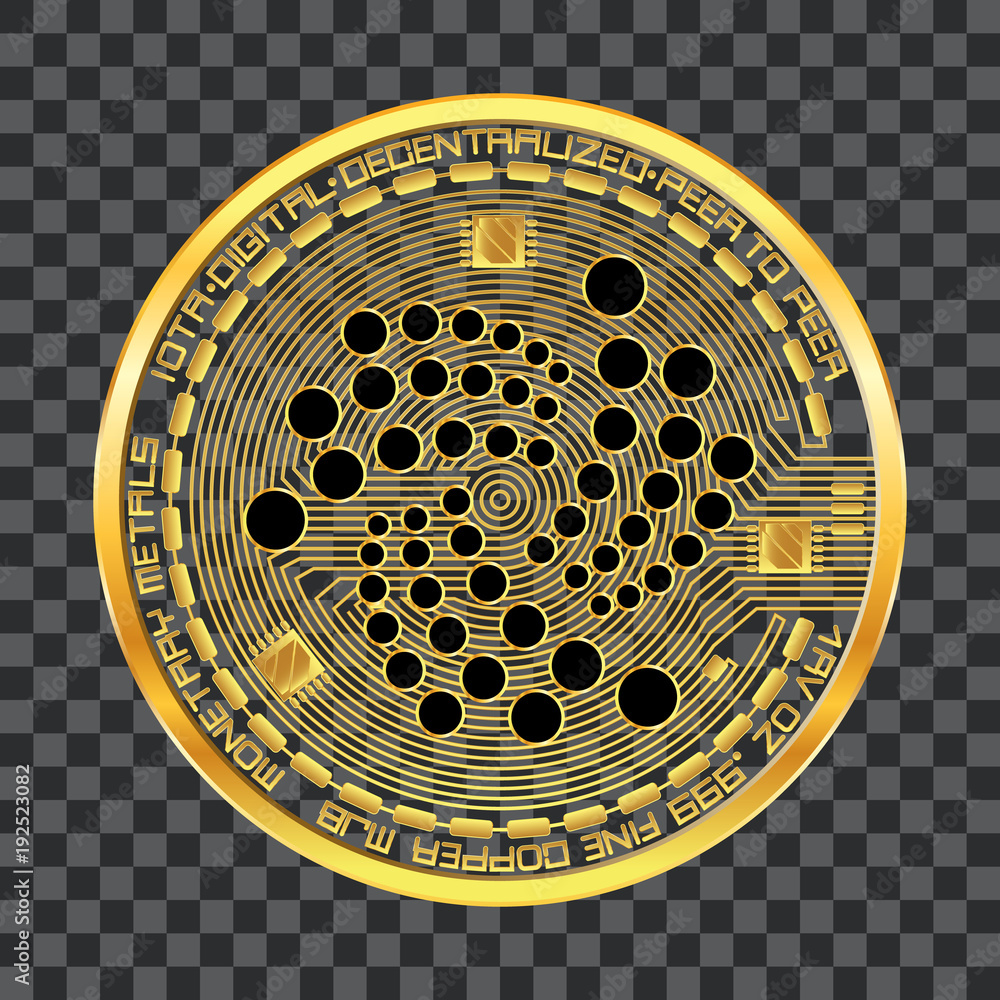 Crypto currency golden coin with black lackered iota symbol on obverse ...