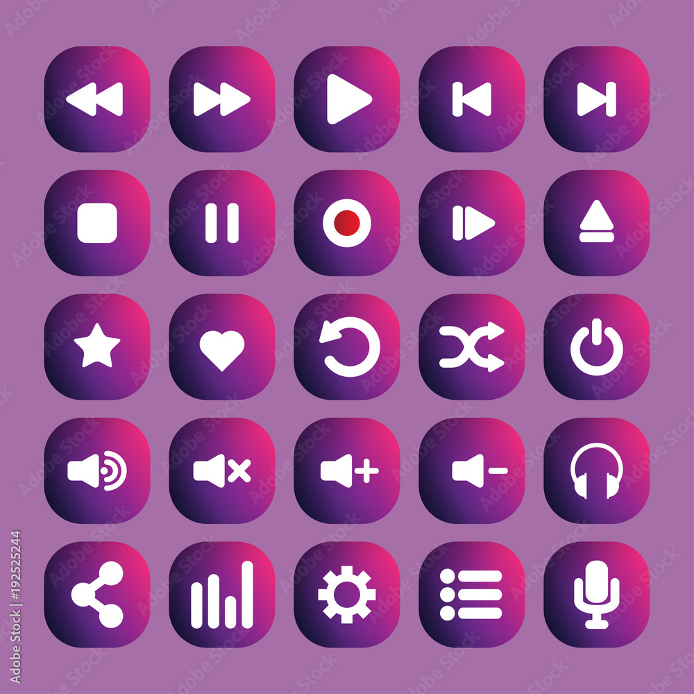 Colorful media player icons set, Multimedia, Audio control, vector ...