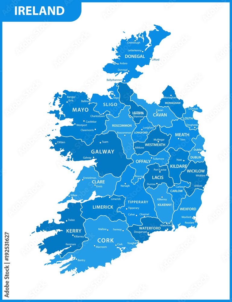 The detailed map of the Ireland with regions or states and cities ...