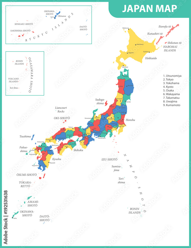 The detailed map of the Japan with regions or states and cities ...