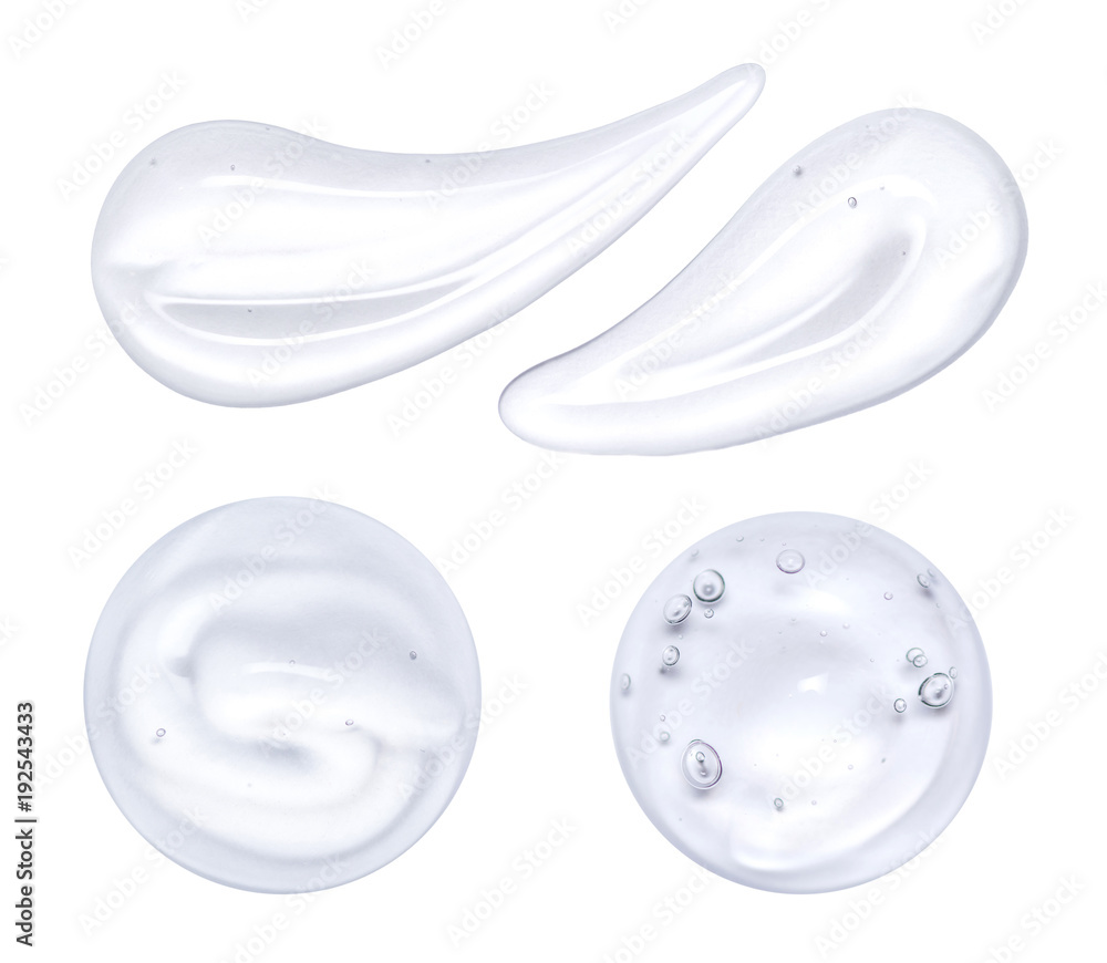 Set of transparent face gel is isolated on white. A sample of cosmetics ...