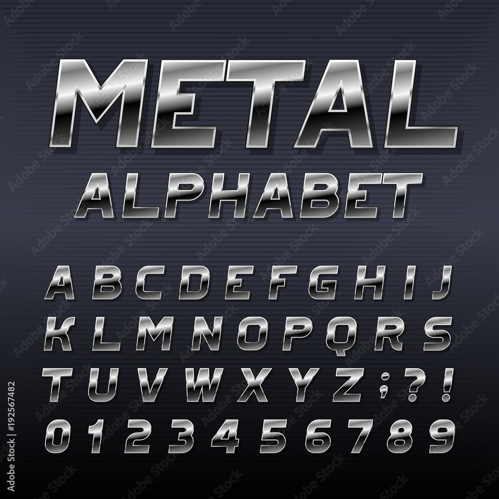 Metal effect alphabet font. Steel numbers, symbols and letters. Stock ...