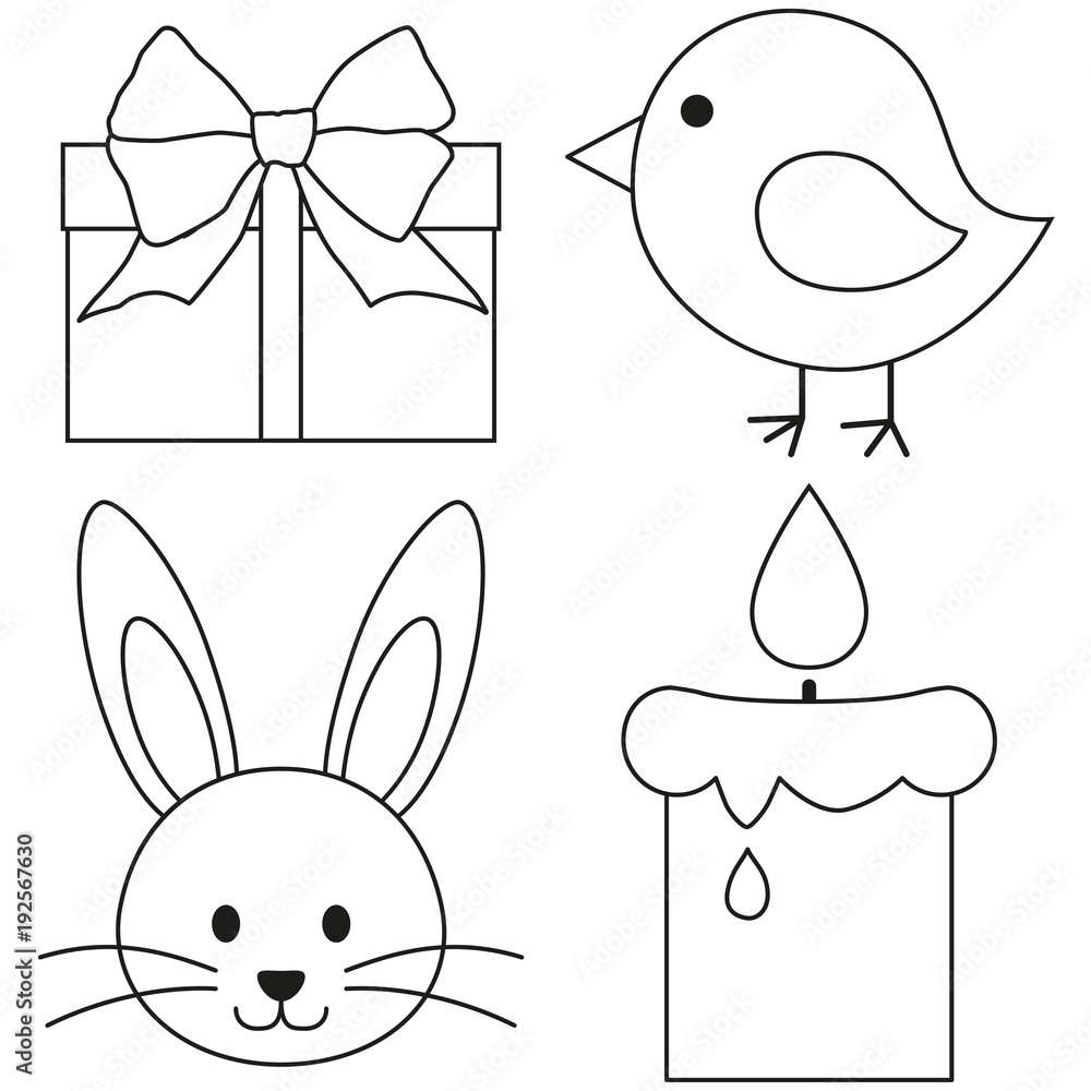 Line art black and white easter icon set chicken chick bunny face ...