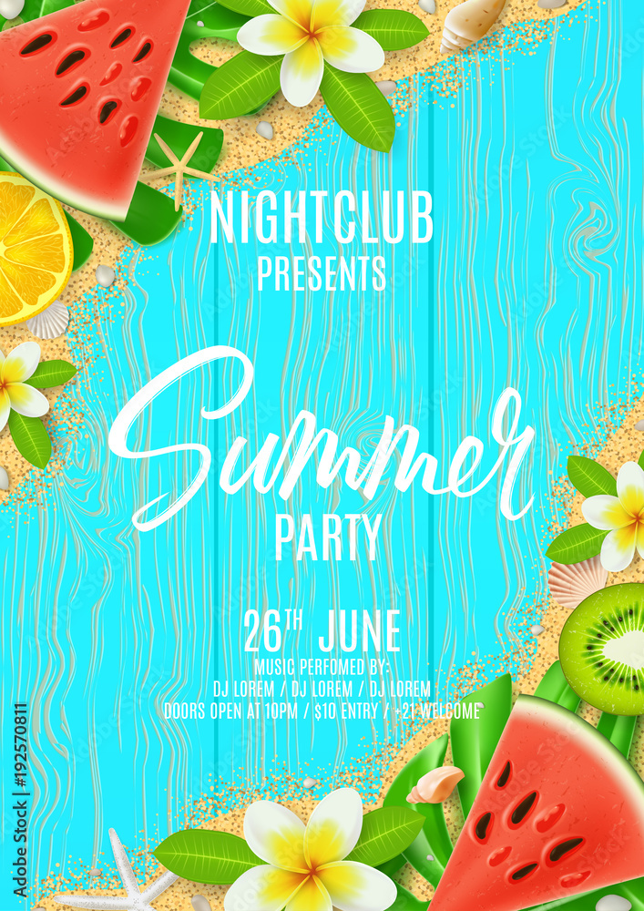 Beautiful flyer for Summer Party. Top view on fresh summer fruit ...