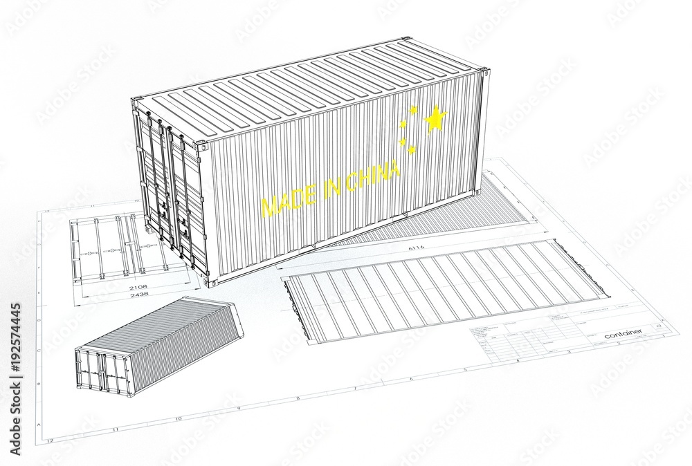 3d illustration of china iso container above engineering drawing Stock ...