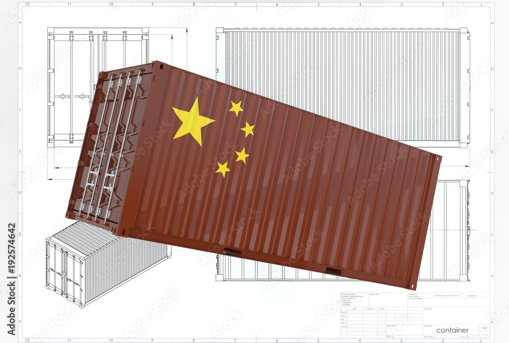 3d illustration of china iso container above engineering drawing Stock ...