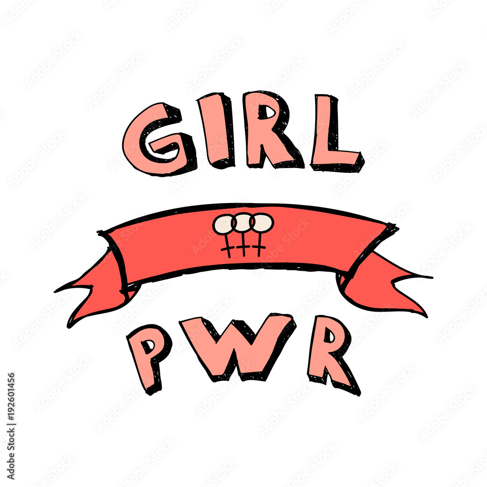 Girl power. Words with retro hand draw ribbon. Doodle vector icon ...