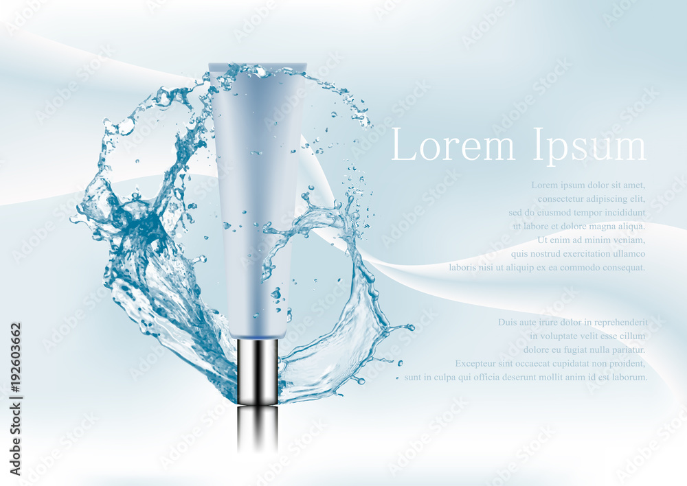 Advertising magazine page,Splash of water,realistic plastic silver-blue ...