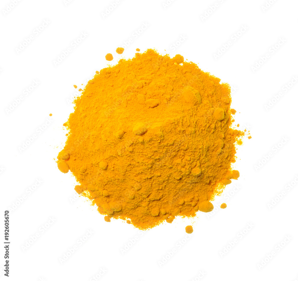 Isolate yellow turmeric/curcuma powder pile, top view closeup photo of ...