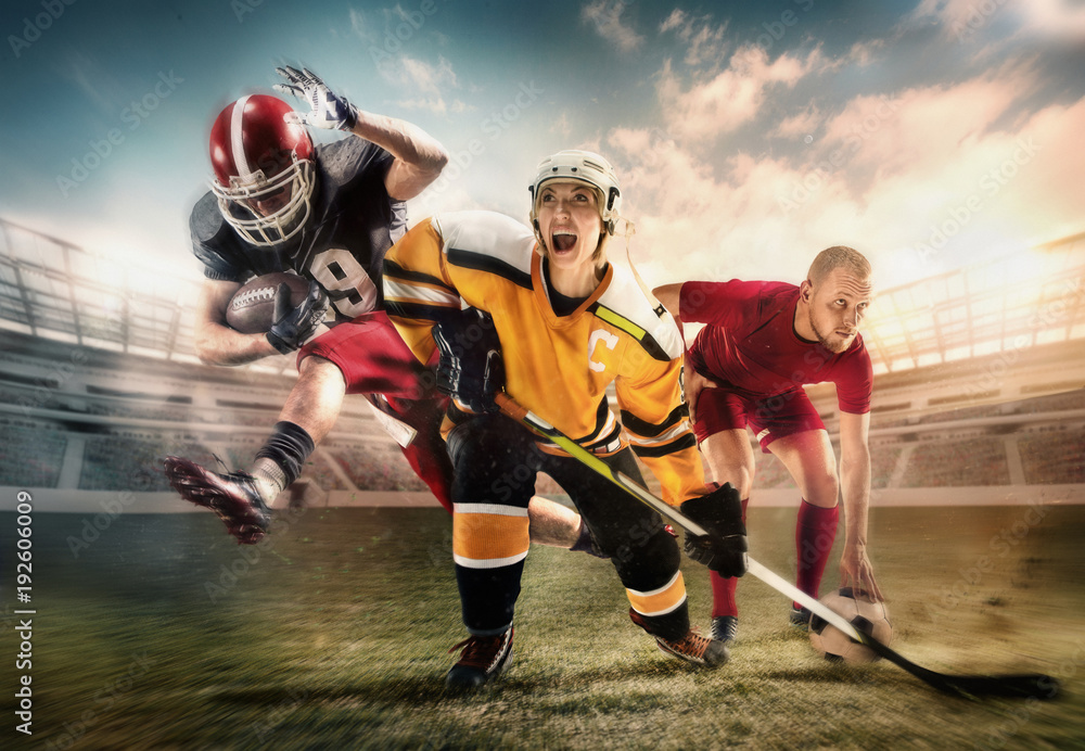 Multi sports collage about ice hockey, soccer and American football ...