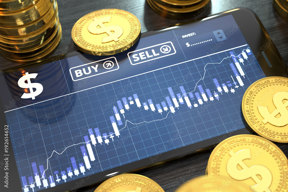 Smartphone with Dollar trading chart on-screen among piles of golden ...