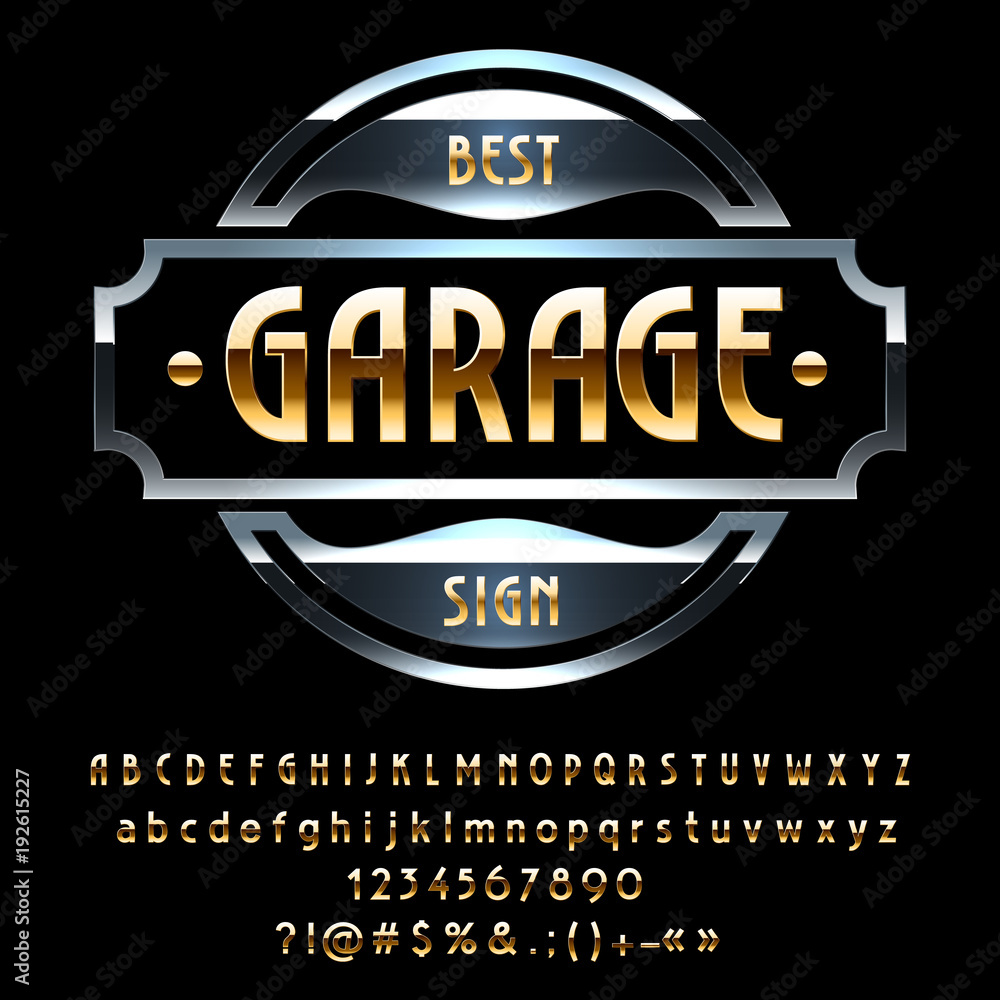 Vector modern glossy Sign Best Garage. Set of Gold reflective Alphabet ...