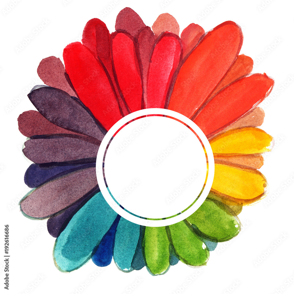 Asymmetrical flower with bright rainbow colored petals and round white ...