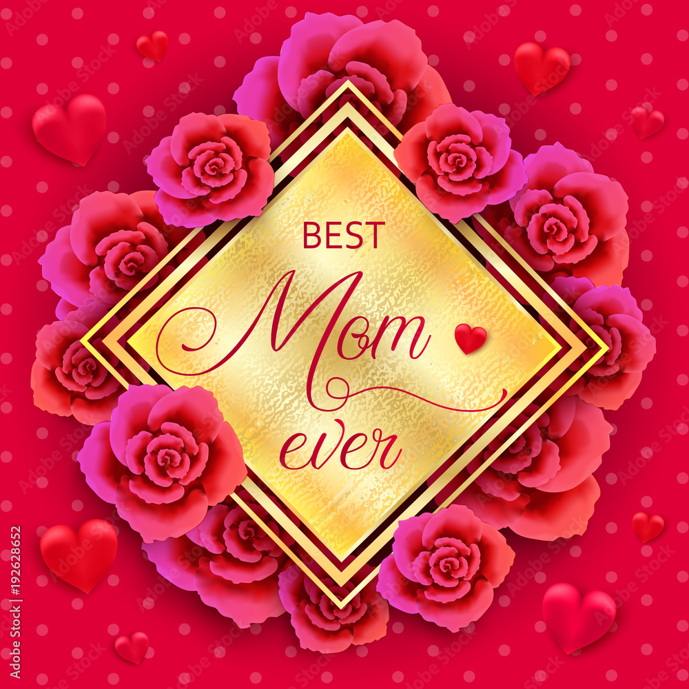 Happy mother's day layout design with roses, hearts, frame, dotted ...