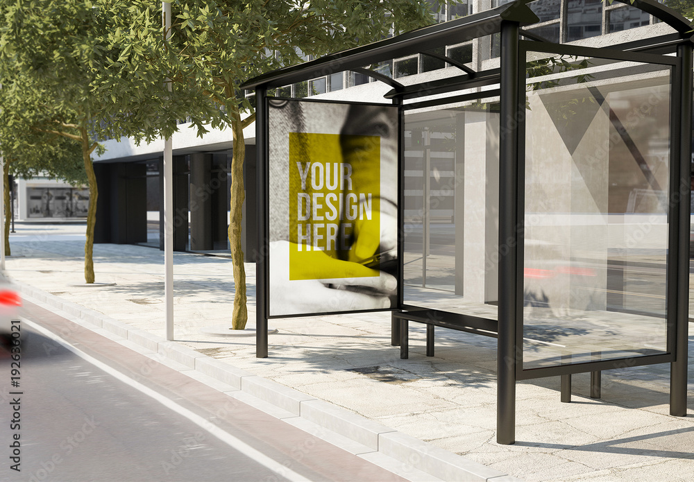 Bus Stop Advertising Kiosk Mockup on City Street 3 Stock Template ...