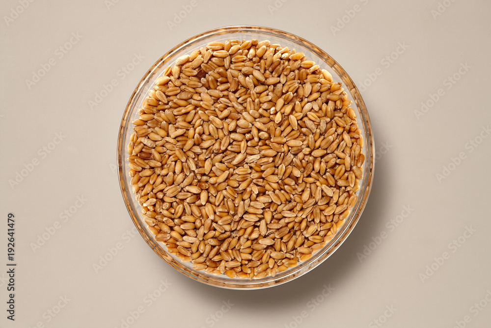 Whole Grains. Top View of Healthy grain foods in a Glass bowl on grey ...