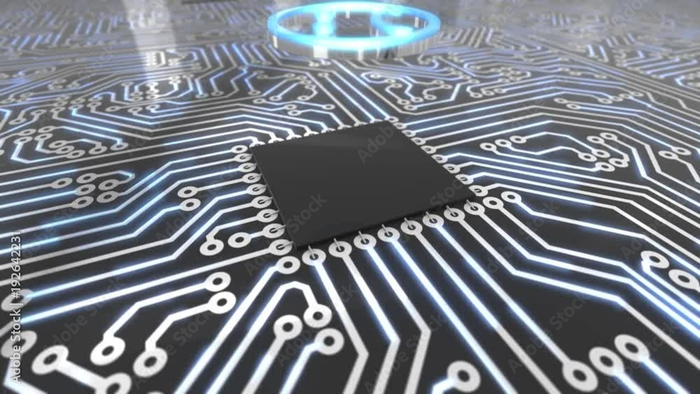Seamless looping rotating 3d animated dark blue computer circuit board ...
