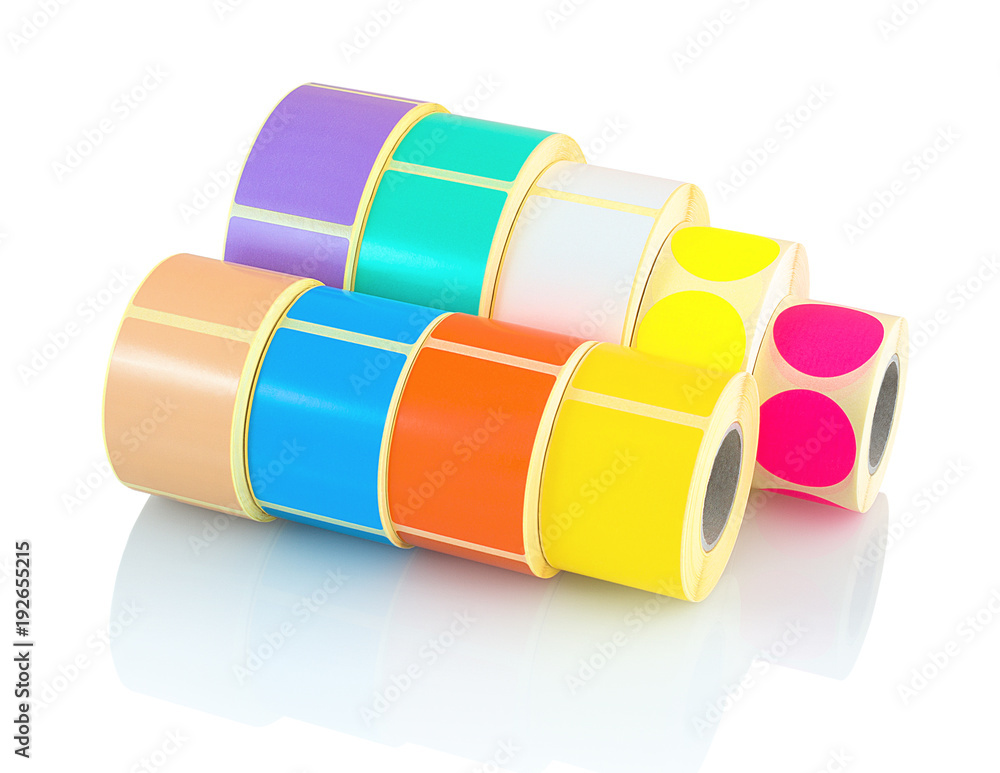Colored label rolls isolated on white background with shadow reflection ...
