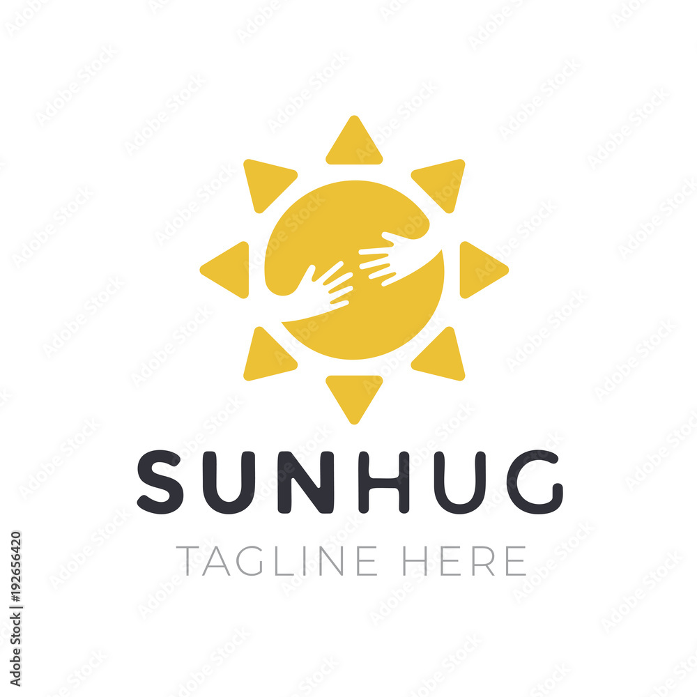 Yellow sun hug logo for company business. Creative symbol with tagline ...