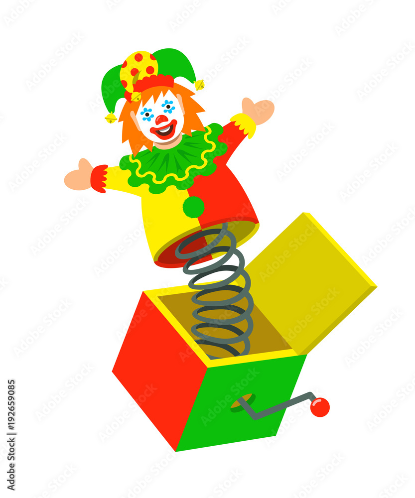 Jester pops out a box. Surprise joke for April Fools day. Jack in a box ...