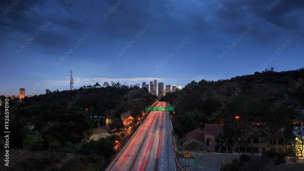 Freeway perspective downtown Los Angeles skyline 4K UHD timelapse ...