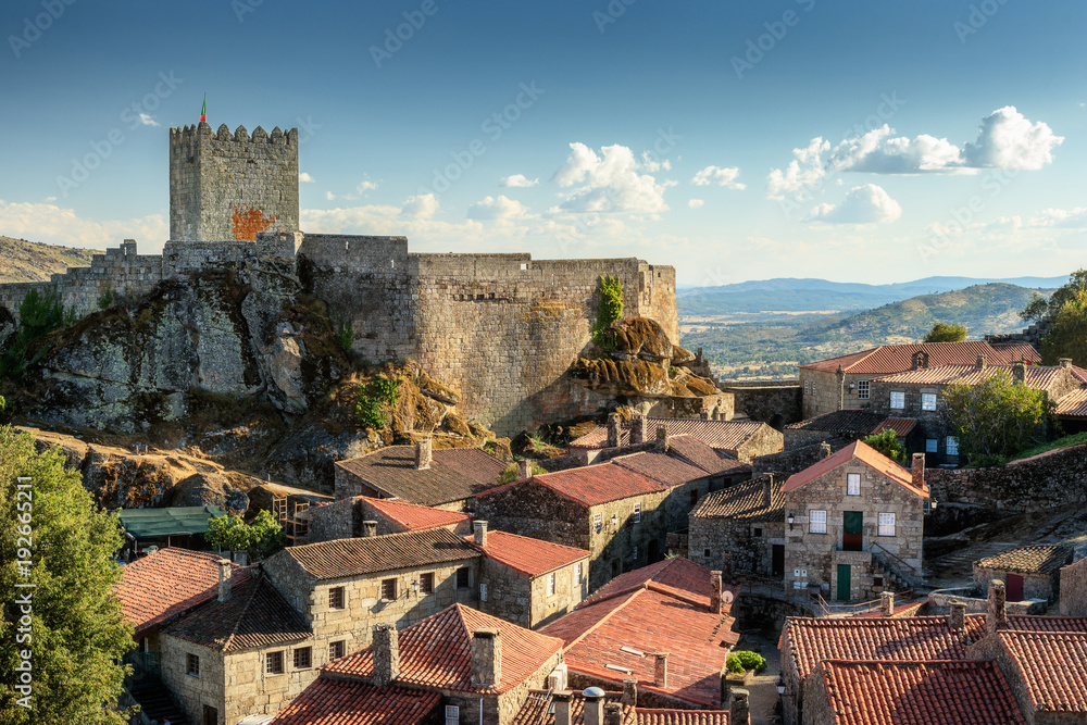 View of the historic village of Sortelha and its castle, in Portugal ...