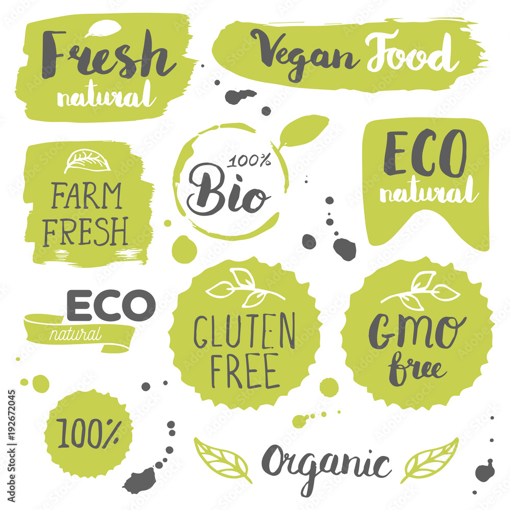 Healthy food icons, labels. Organic tags. Natural product elements ...