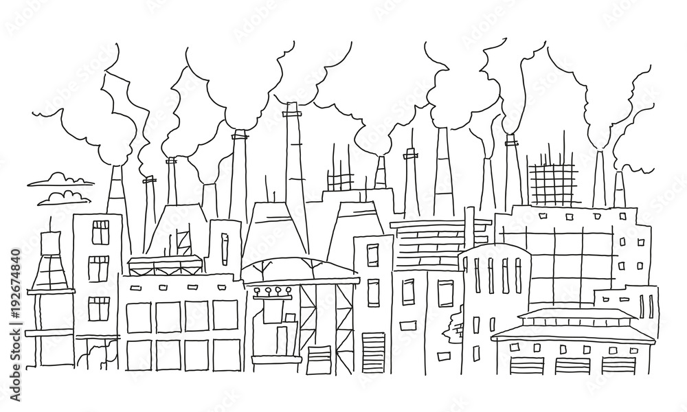 Industrial pollution big city panorama sketch. Hand drawn vector stock ...