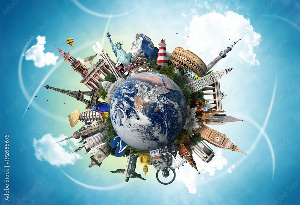 Travel, world landmarks on the background of blue sky Stock Photo ...