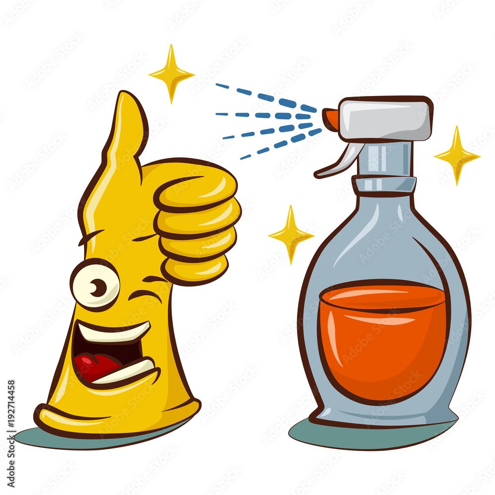 Cute yellow rubber gloves cartoon character with a cleaner spray bottle ...