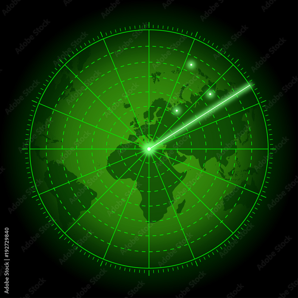 Green radar screen with world map. Background of air search system with ...