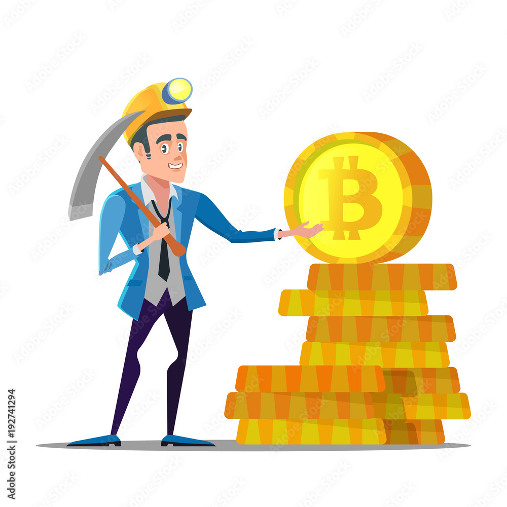 Successful Cartoon Bitcoin Miner with Pickaxe and Golden Coins. Crypto ...
