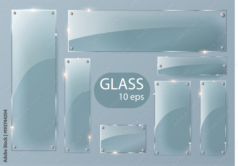 Transparent Glass plates set. Square shape, rectangle and round circle ...