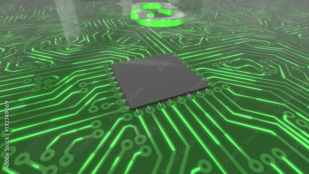 Seamless looping rotating 3d animated dark green computer circuit board ...
